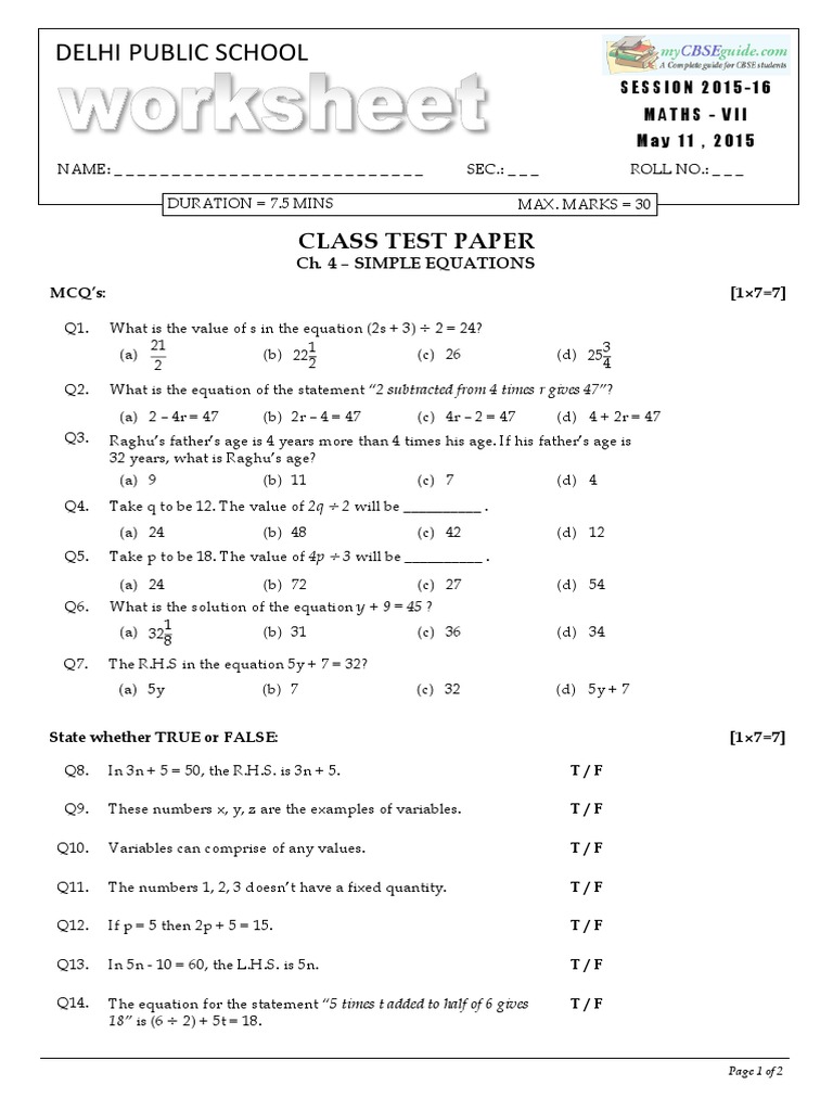 Delhi Public School: Class Test Paper | PDF | Equations | Mathematical ...