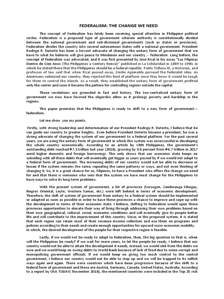 Federalism Position Paper - Edited | PDF | Federalism | Economic ...