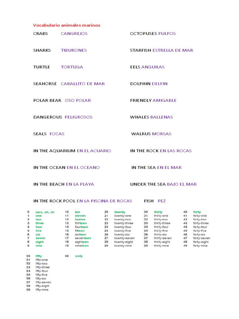 Vocabulario Animales Marinos | PDF