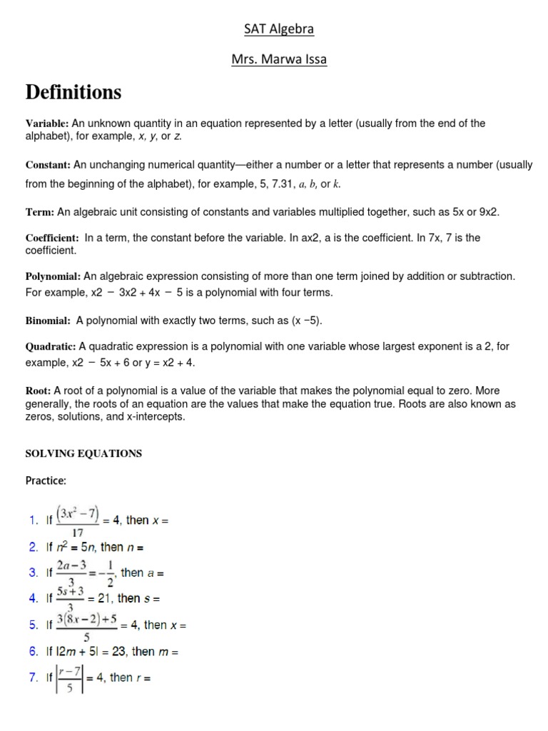 SAT Algebra Marwa Issa | PDF | Polynomial | Variable (Mathematics)