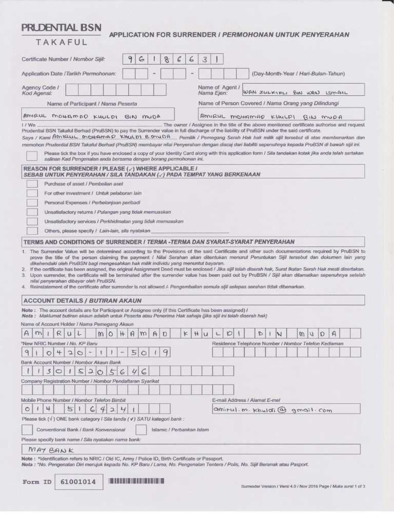 Application of Surrender PRUBSN | PDF