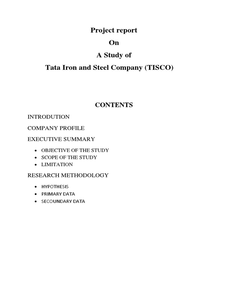Project Report On A Study of Tata Iron and Steel Company (TISCO) | PDF | Business