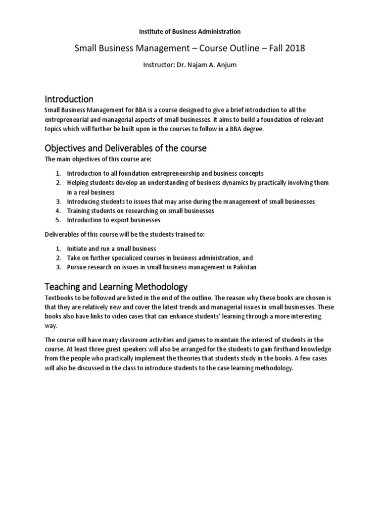 Small Business Management - Course Outline - Fall 2018: Instructor: Dr ...