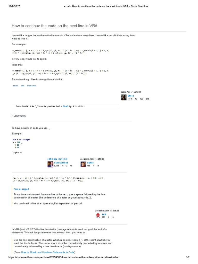 Excel How To Continue The Code On The Next Line In Vba Stack Overflow Pdf Software