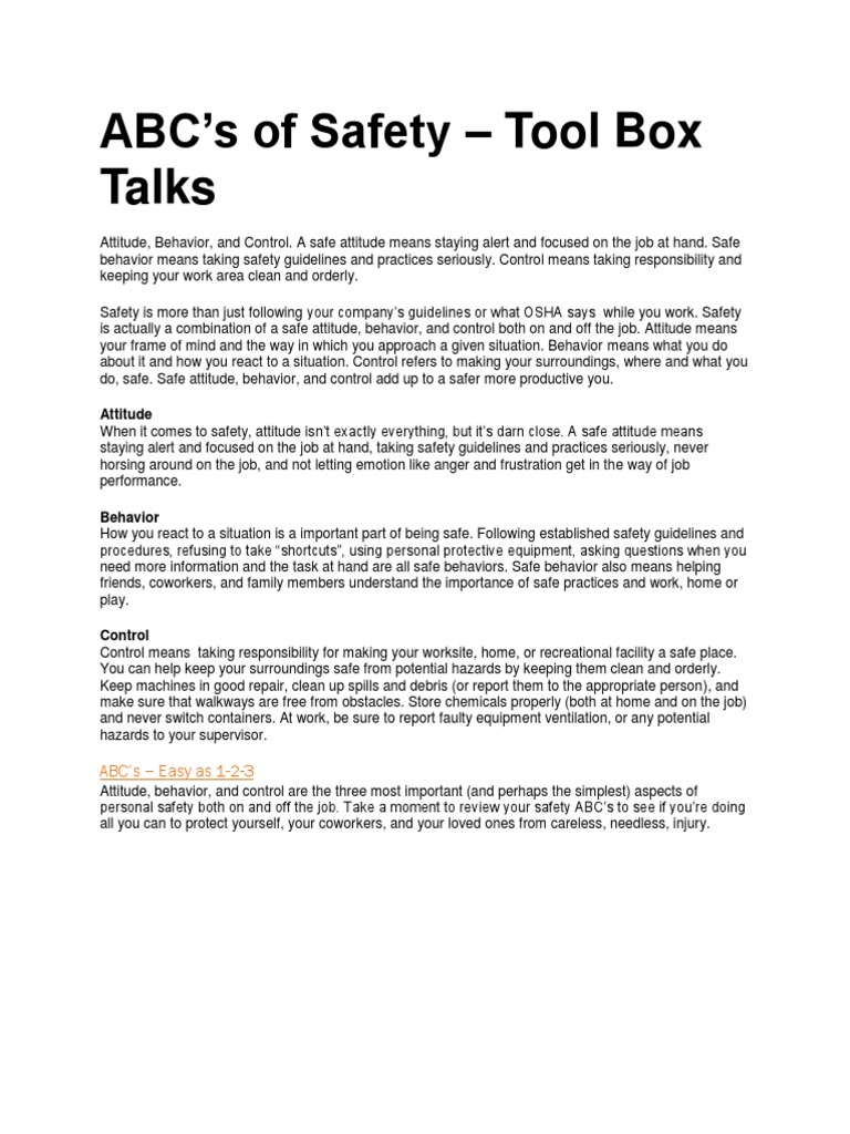 ABC's of Safety - Tool Box Talks | PDF