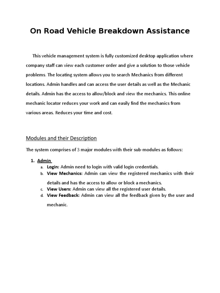 On Road Vehicle Breakdown Assistance: Modules and Their Description ...