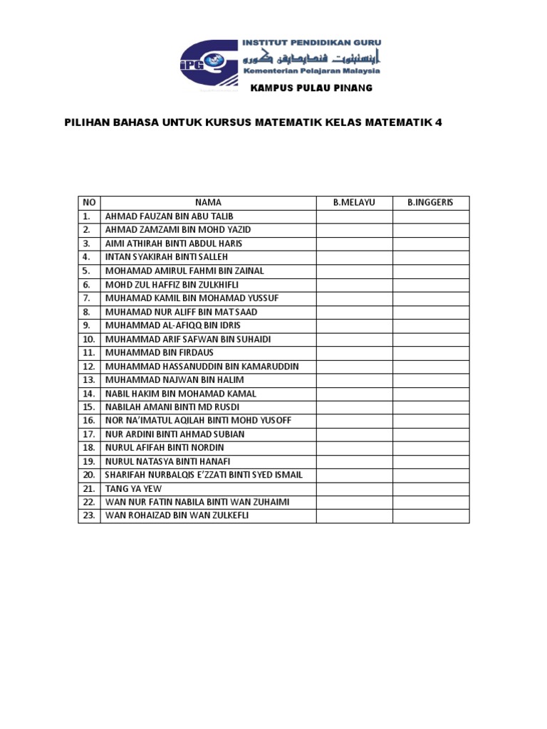 Senarai Nama Pilihan Bahasa | PDF
