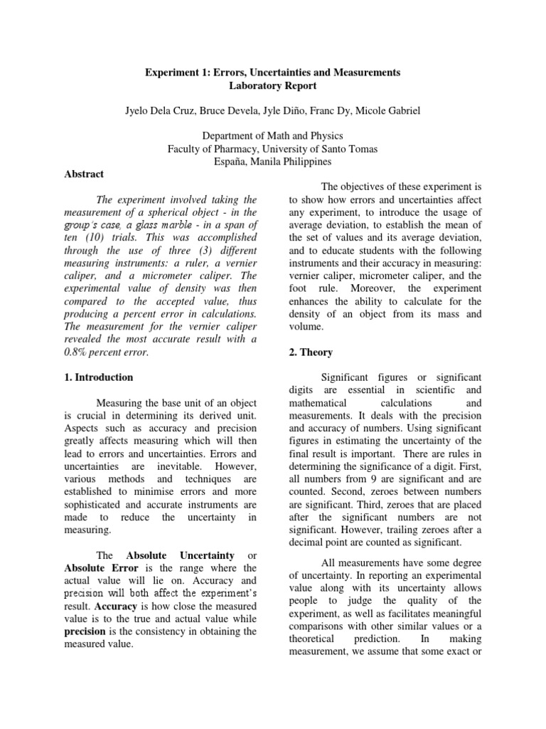 Measurement Errors and Uncertainties Lab | PDF | Accuracy And Precision ...