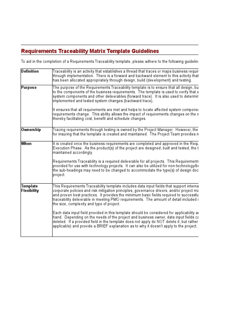 Requirements Traceability Matrix Template Guidelines | PDF ...