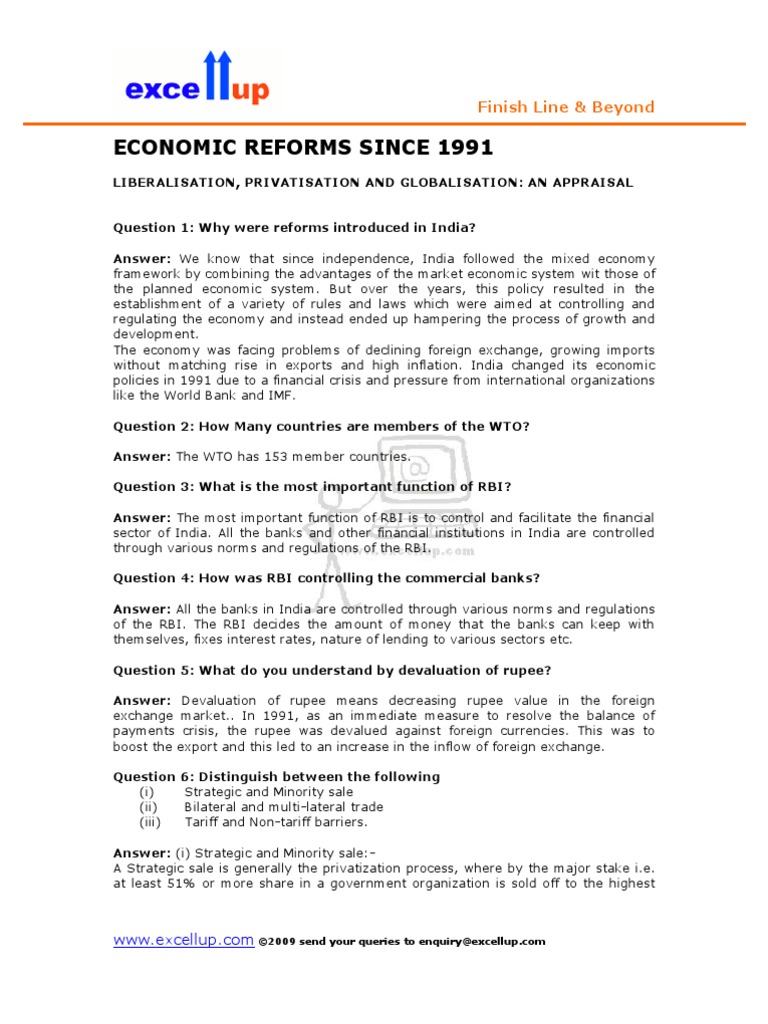 11 Economics Economic Reforms Since 1991 | PDF