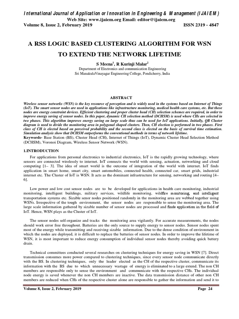 A Rss Logic Based Clustering Algorithm For Wsn To Extend The Network Lifetime Pdf Wireless 8246