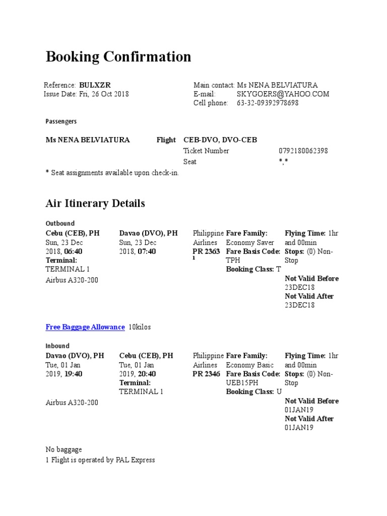 Cebu-Davao Flight Booking Confirmation | PDF