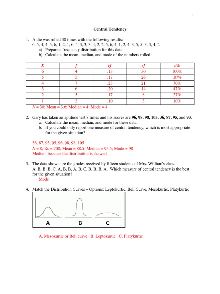 Central Tendency Worksheet PDF | PDF | Mean | Descriptive Statistics