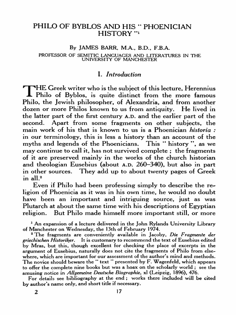 Barr - Philo of Byblos and His Phoenician History PDF | PDF | Phoenicia ...