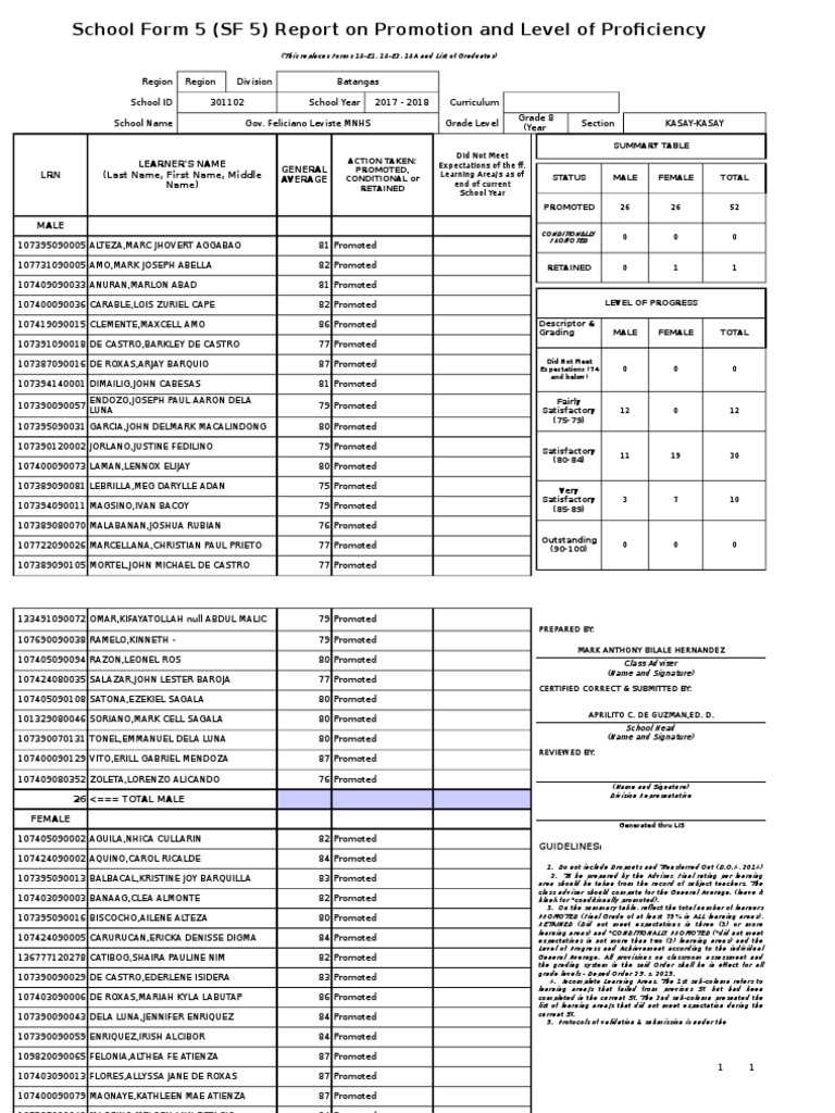 School Form 5 (SF 5) Report On Promotion and Level of Proficiency | PDF