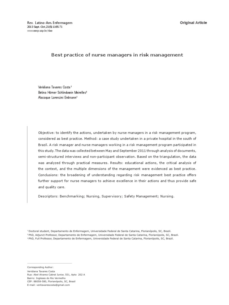 Best Practice of Nurse Managers in Risk Management | PDF | Risk ...