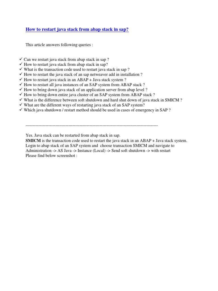 Restart Java Stack From Abap Stack Pdf Computer Programming System Software