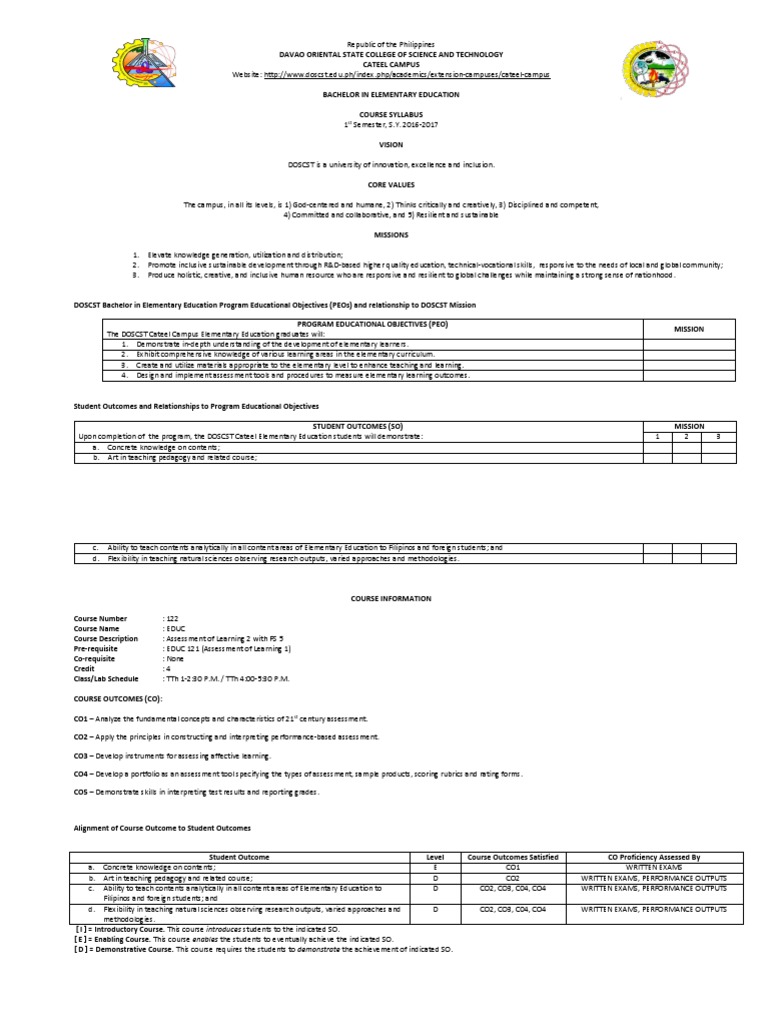Educ 122 Assessment of Learning 2 Syllabus | PDF | Educational Assessment | Behavior Modification