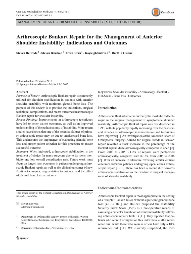 Arthroscopic Bankart Repair For The Management of Anterior Shoulder ...