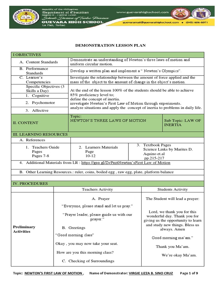 Demonstration Lesson Plan | PDF | Newton's Laws Of Motion | Inertia