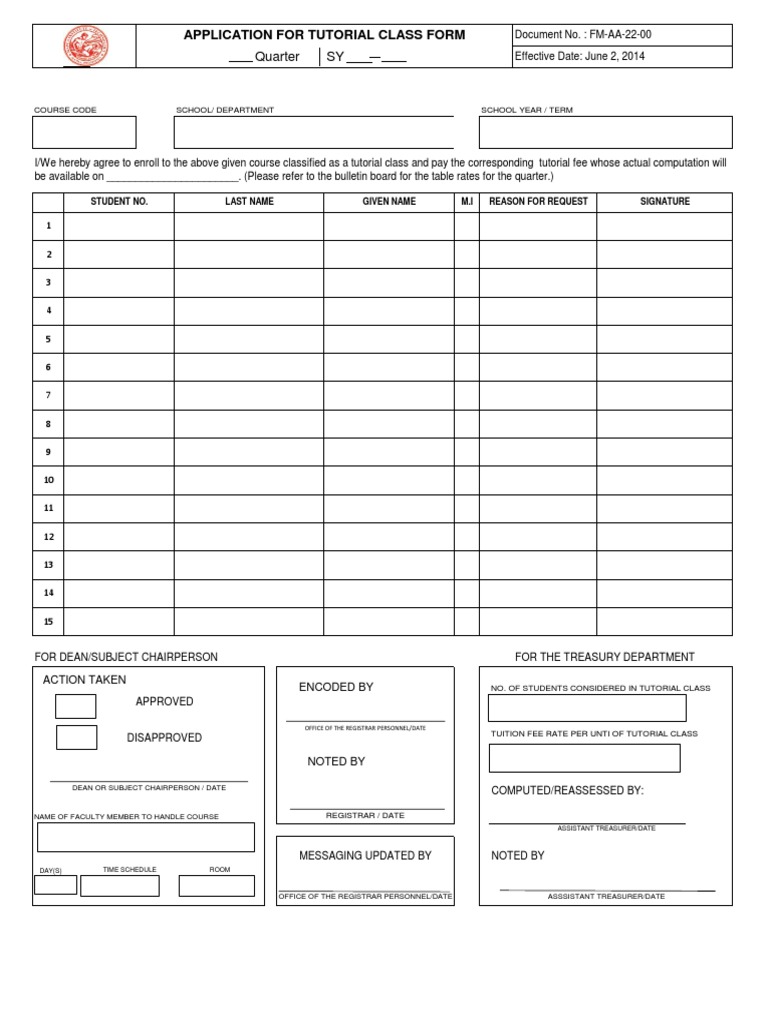 FM-AA-22-00 Application For Tutorial Class Form | PDF
