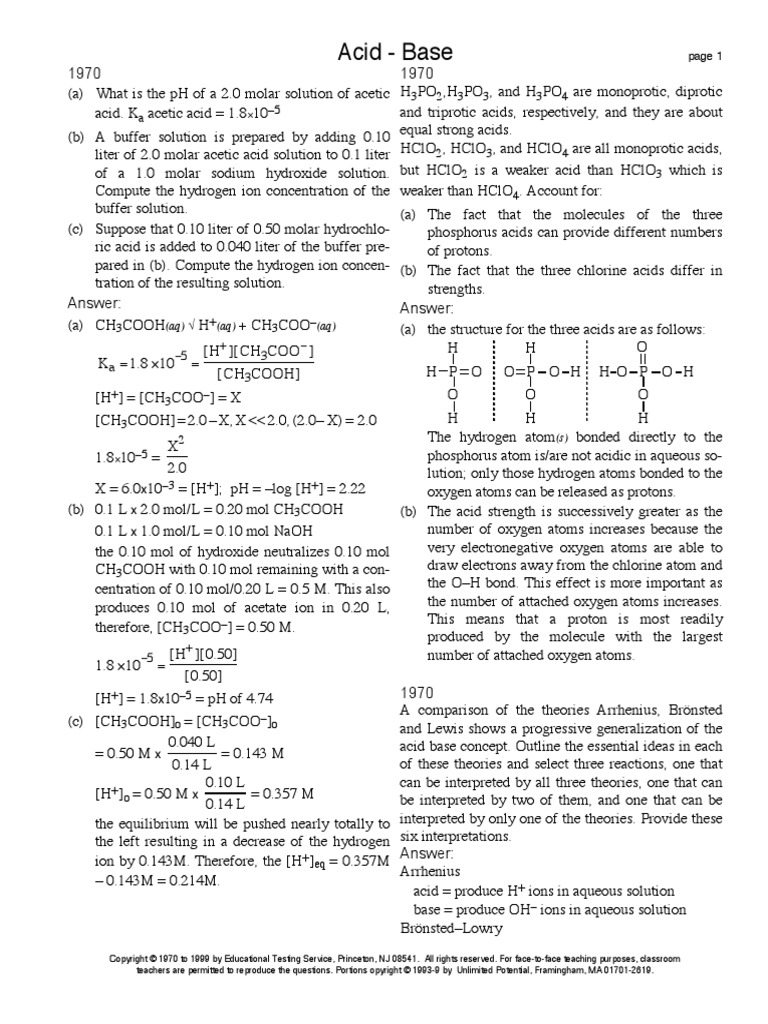 Acid-Base FRQ WTH Ans | PDF