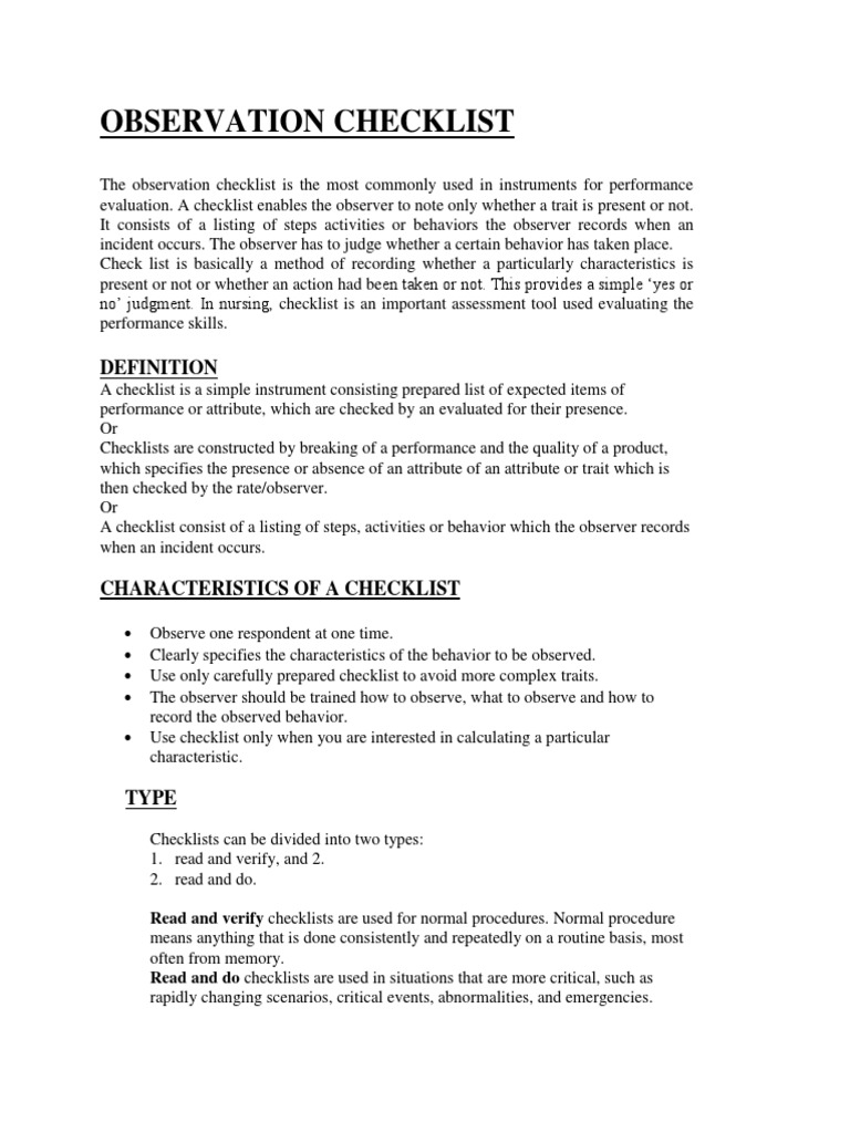 Observation Checklist | PDF | Observation | Evaluation