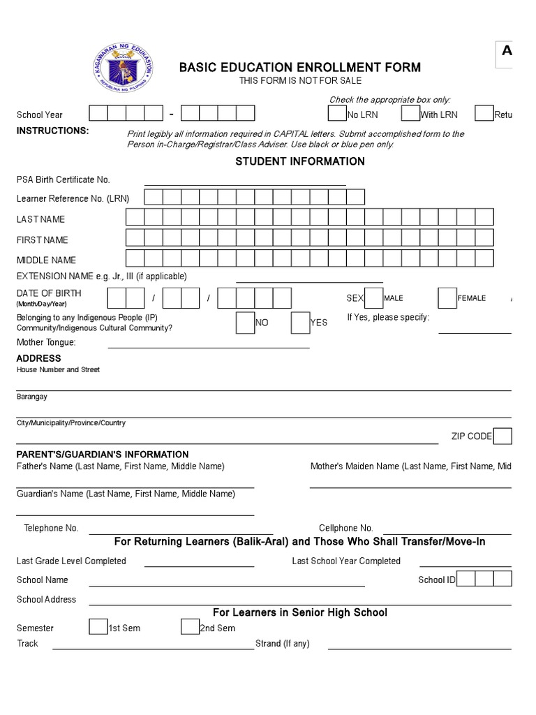 Basic Education Enrollment Form | PDF | Birth Certificate | Further ...