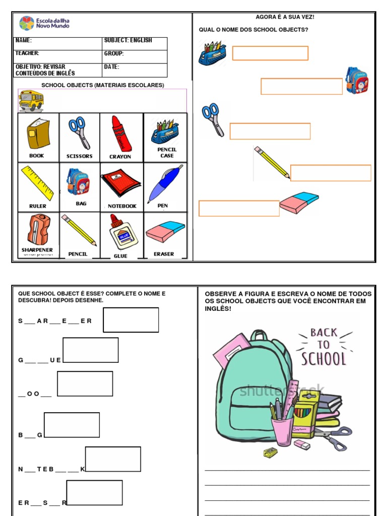 Exercício Objetos Escolares Inglês | PDF | Lazer