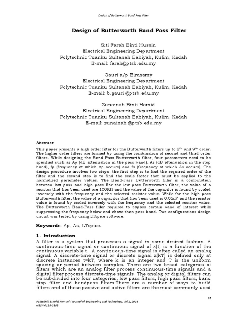 Design of Butterworth Band-Pass Filter: Keywords: Ap, As, Ltspice | PDF ...