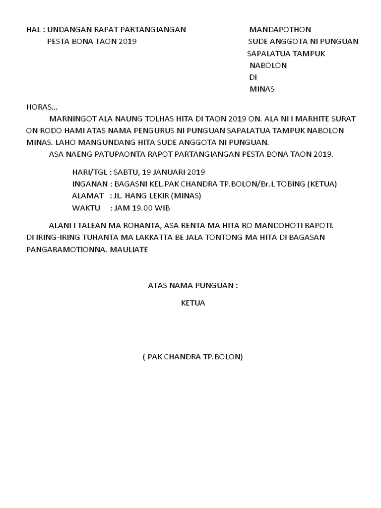 Undangan Rapat Persiapan Pesta Bona Taon 2019 | PDF