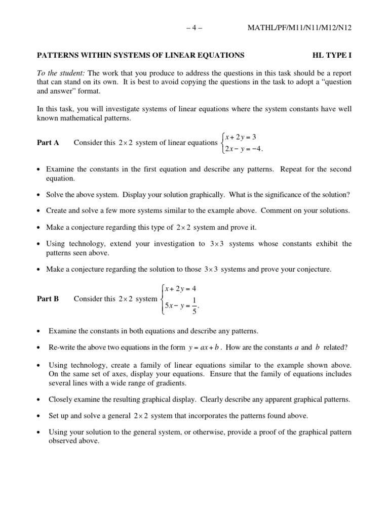 IB HL Investigation Type I Patterns Within Systems of Linear Equations ...