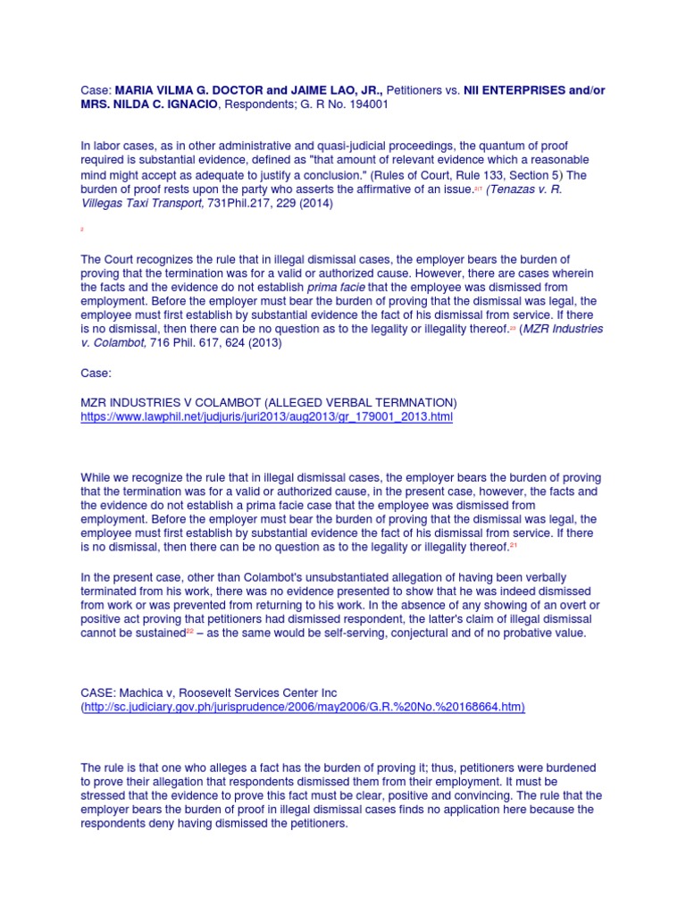 Burden of Proof Employee Cases | PDF | Burden Of Proof (Law) | Supreme ...