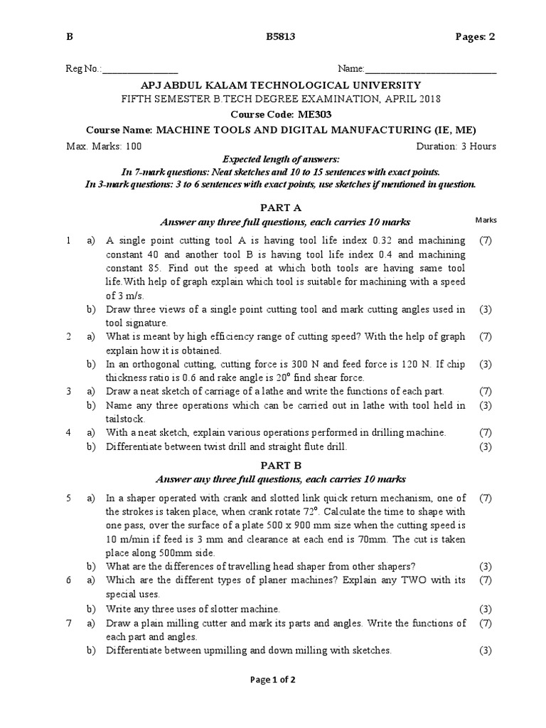Answer Any Three Full Questions, Each Carries 10 Marks: Reg No.: - Name | PDF | Grinding ...