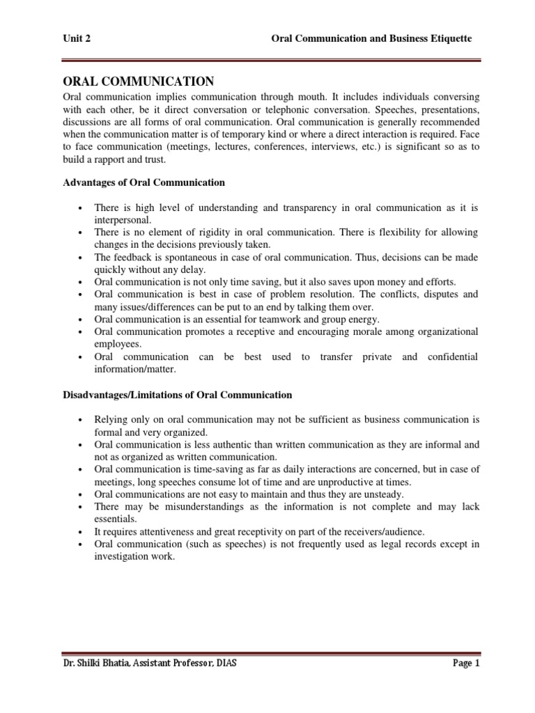Unit 2 Oral Communication and Business Etiquette | PDF | Nonverbal ...