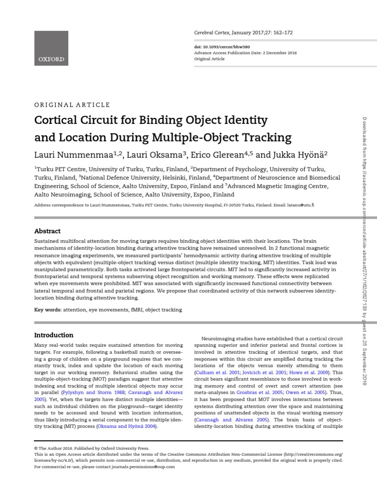 Cortical Circuit For Binding Object Identity and Location During Multiple-Object Tracking | PDF ...