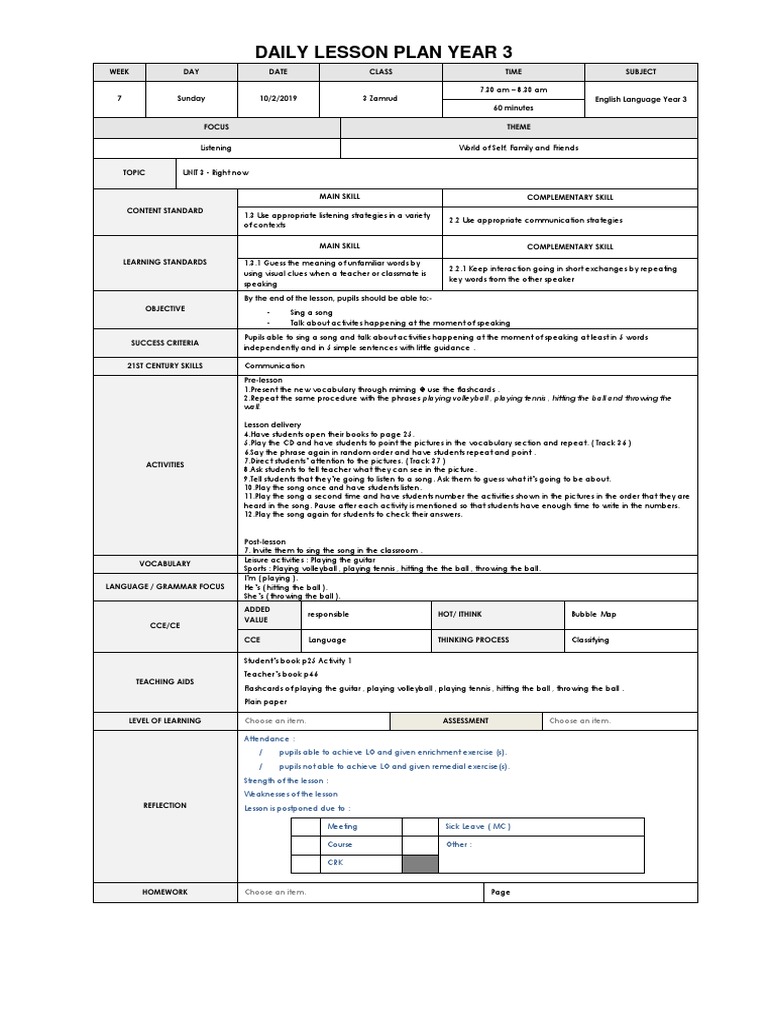 Sample of English Lesson Plan | PDF | Lesson Plan | Vocabulary