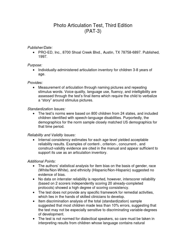 Photo Articulation Test, Third Edition (PAT-3) : Publisher/Date ...