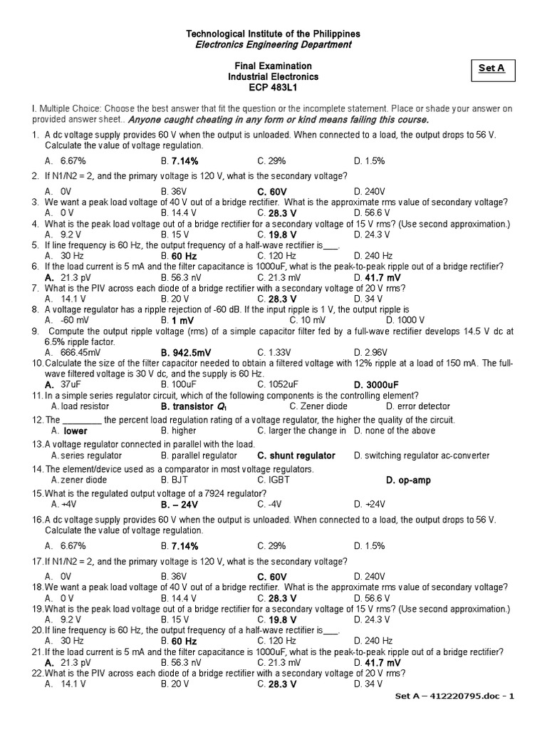 TIP Electronics Final Exam Review | PDF | Rectifier | Electrical Circuits