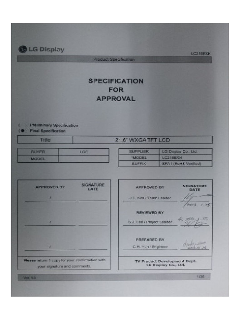Panel LG Display Lc216exn-Sfa1 0 | PDF | Imaging | Display Technology