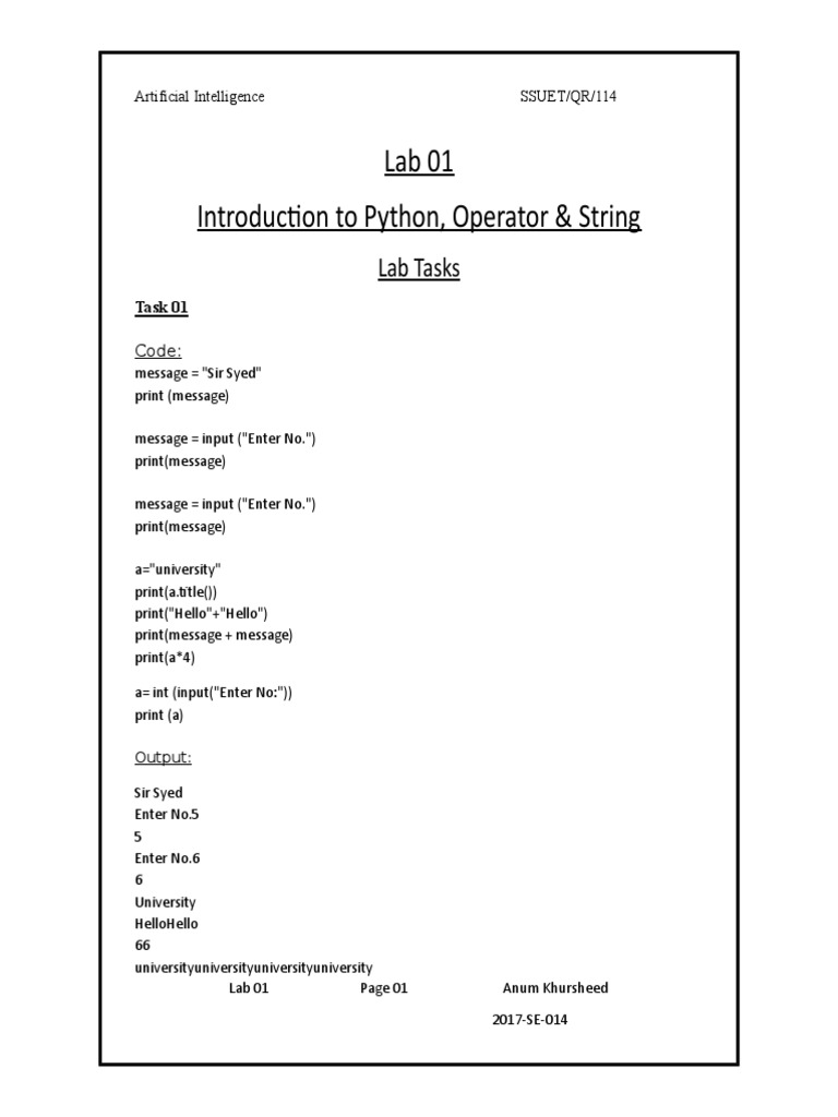 Lab 01 Introduction To Python, Operator & String | PDF | Areas Of Computer Science | Computer ...