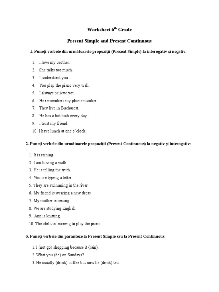 Worksheet 6th Grade - Present Simple and Continuous | PDF