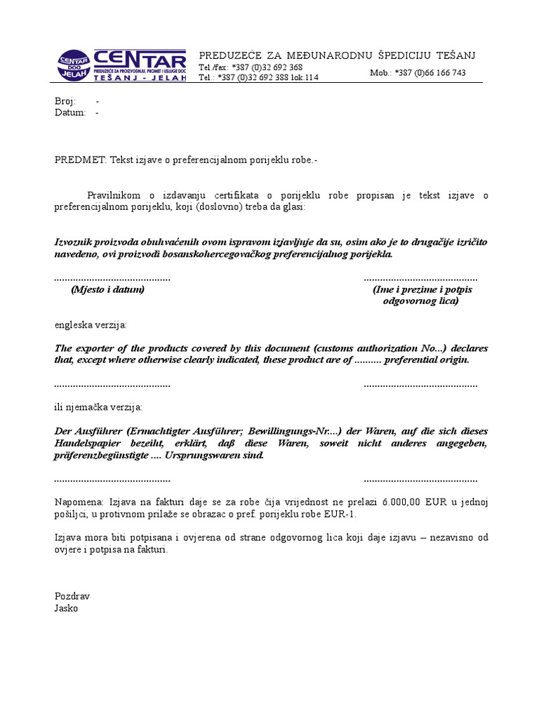 Tekst Izjave o Pref - Porijeklu | PDF