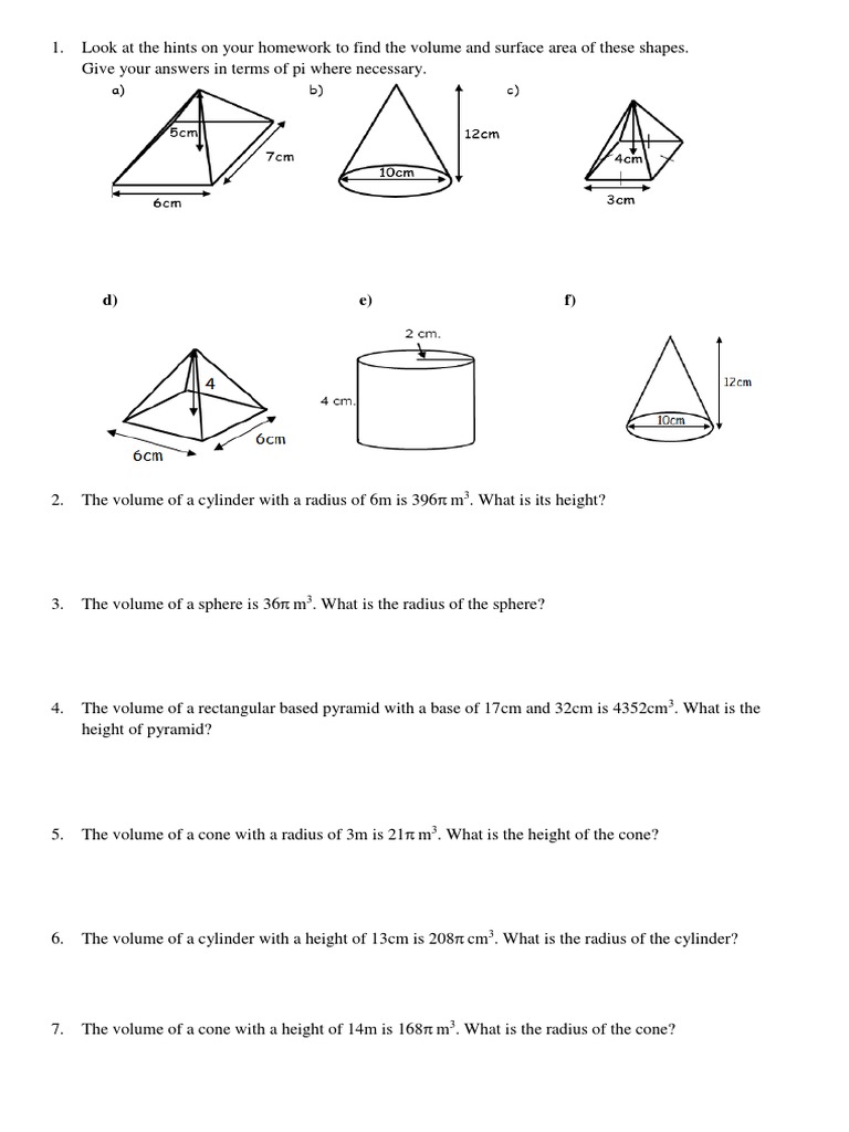 Cone - Pyramid - Cylinder - Sphere Volume and Surface Area Worksheet | PDF