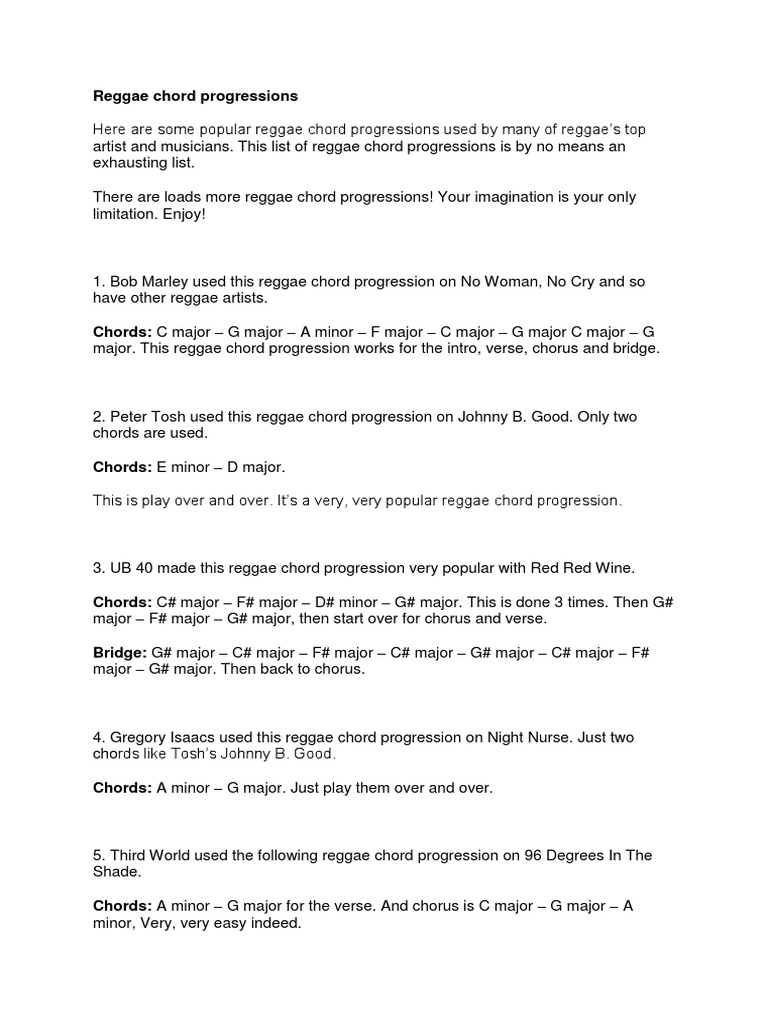 Reggae Chord Progressions | PDF | Reggae | Song Structure