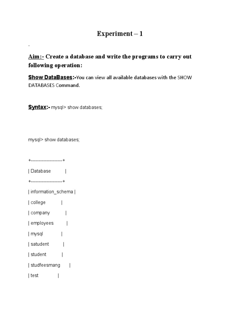 Experiment No 1 Dbms Creating A Database Pdf Databases Information Science 8617