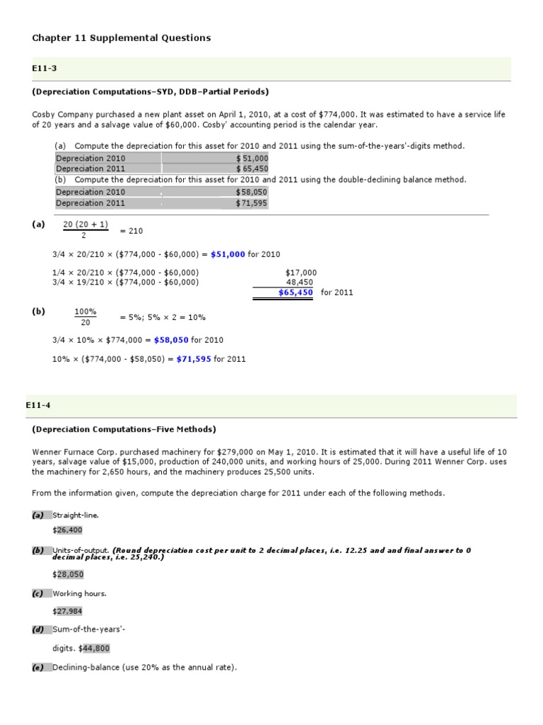 Chapter 11 Supplemental Questions: E11-3 (Depreciation Computations-SYD ...