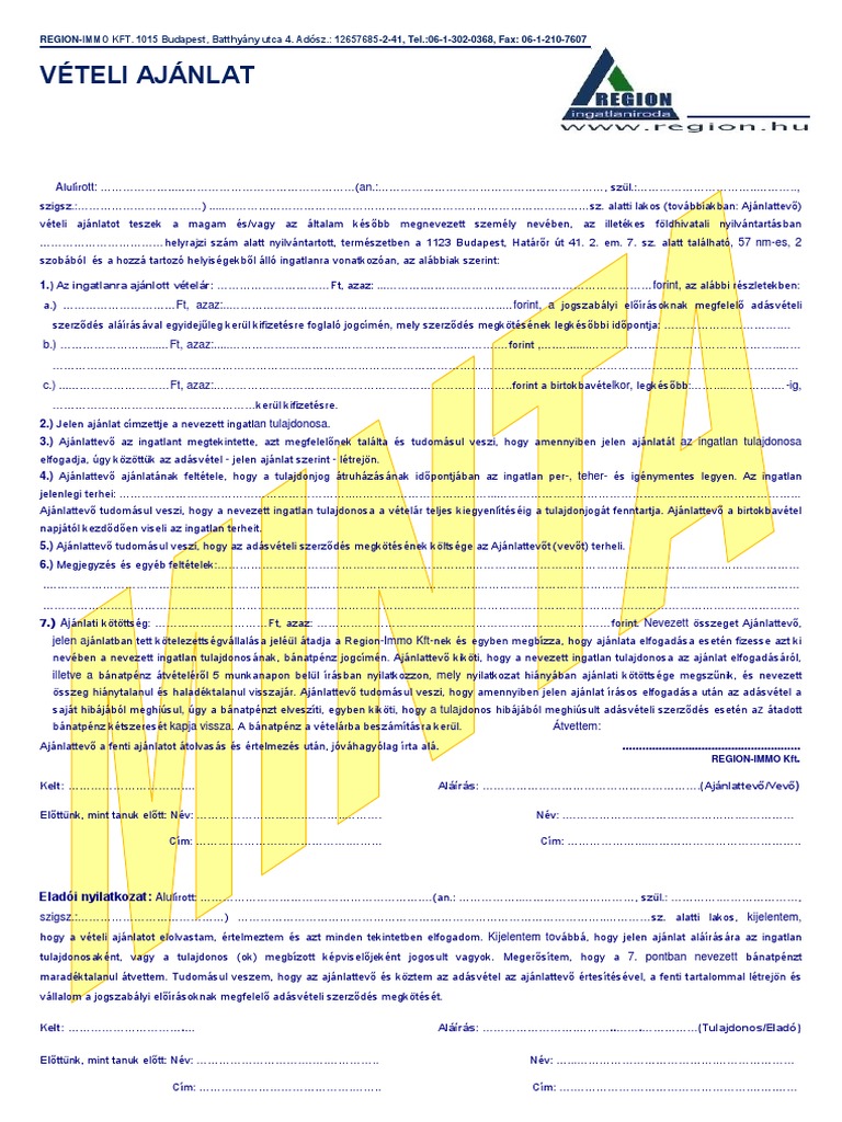 Vételi Ajánlat Minta Region | PDF