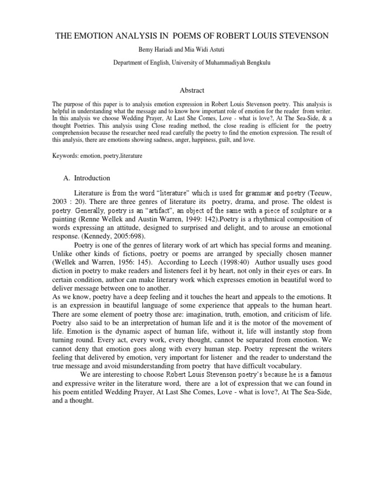 THE EMOTION ANALYSIS IN POEM Robert Louis Stevenson | PDF | Poetry | Anger