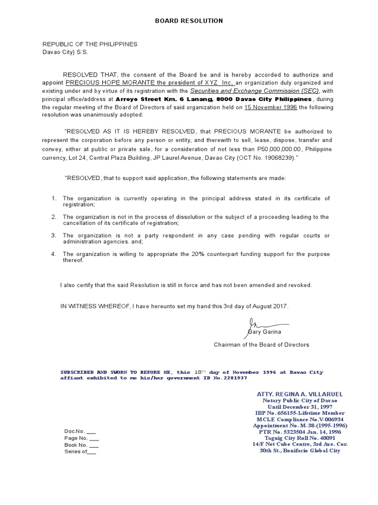 Board Reso Sample | PDF | Common Law | Virtue